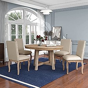 Merax Dining Table Set, 5-Piece Farmhouse Dining Table and Chairs Set, Wood Round Extendable Dining Table and 4 Upholstered Dining Chairs, for Dining Room, Natural Wood Wash