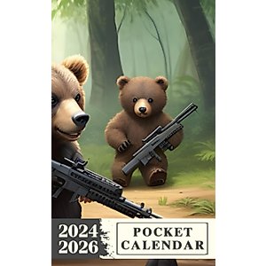 Pocket Calendar 2024 - 2026 With Moon Phase: Three-Year Monthly Planner for Purse , 36 Months from January 2024 to December 2026 | Cartoon bear | humans with guns
