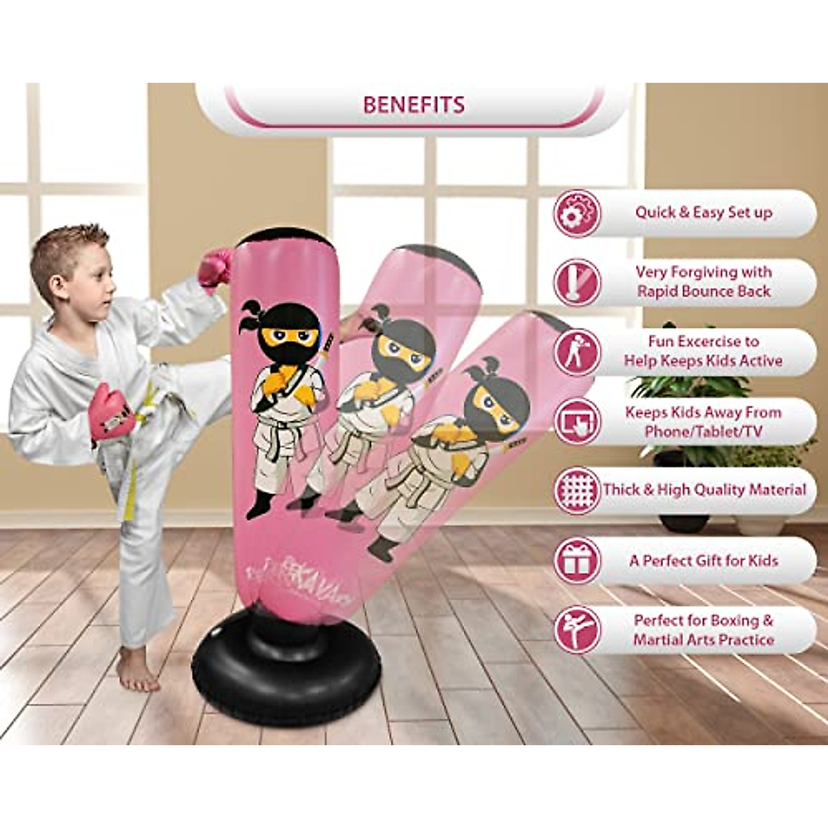 Pink Inflatable Punching Bag for Kids Complete with Boxing Gloves and Pump. for immediate Bounce Back for Practicing Mixed Martial Arts, Boxing, Taekwondo, Karate. Perfect Toy for Girls 4-12