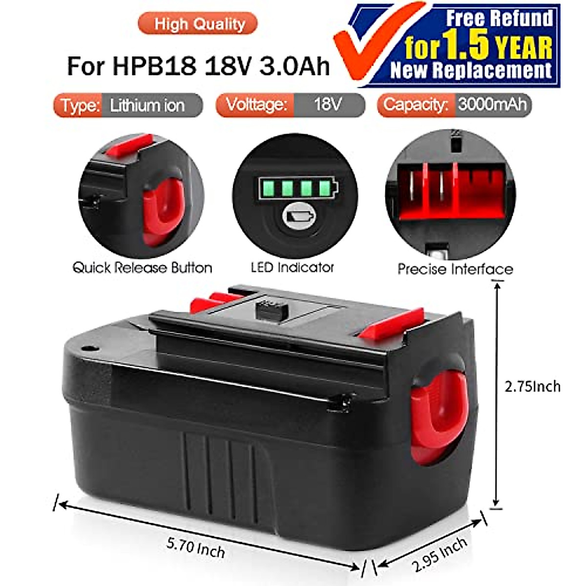 【Lithium-ion | NOT Ni-Mh】 3000mAh 18V Replacement Battery for Black and Decker 18V HPB18 HPB18-OPE 244760-00 A1718 FS18FL FSB18 Firestorm Cordless Power Tools Lithium Battery