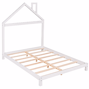 Full Size House Platform Bed Frame Mattress Foundation with Headboard/No Box Spring Needed/Easy Assembly, White
