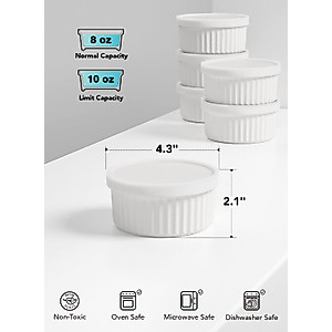 LE TAUCI 8 oz Ramekins with Silicone Storage Lids, Creme Brulee Dishes, Custard Cups for Baking, Oven Safe, Set of 6, White