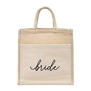 WEDDINGSTAR Medium Reusable Woven Jute Tote Bag With Pocket - Bride