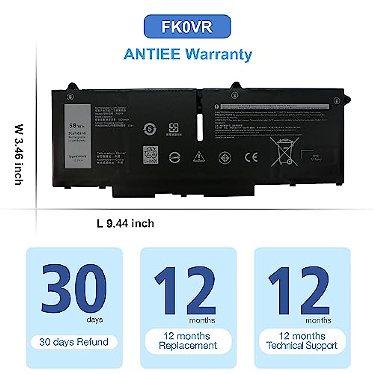 ANTIEE FK0VR Laptop Battery for Dell Latitude 7330 7430 7530 5330 P133G P133G002 P134G002 P134G P135G P135G002 P136G Series 0HFN8K HFN8K 08H6WD 8H6WD 08P81K 8P81K 0PX0GF PX0GF FKOVR 15.2V 58Wh
