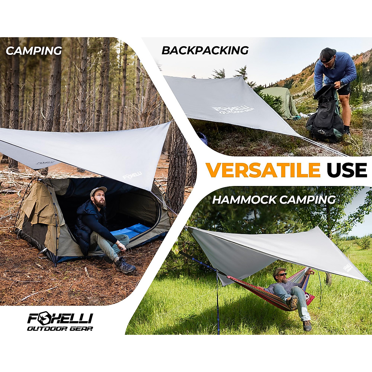 Foxelli Hammock Rain Fly - Waterproof Lightweight Tent & Hammock Rain Tarp for Camping, Backpacking w/Easy Setup Including Extra Long Guy Lines & Stakes