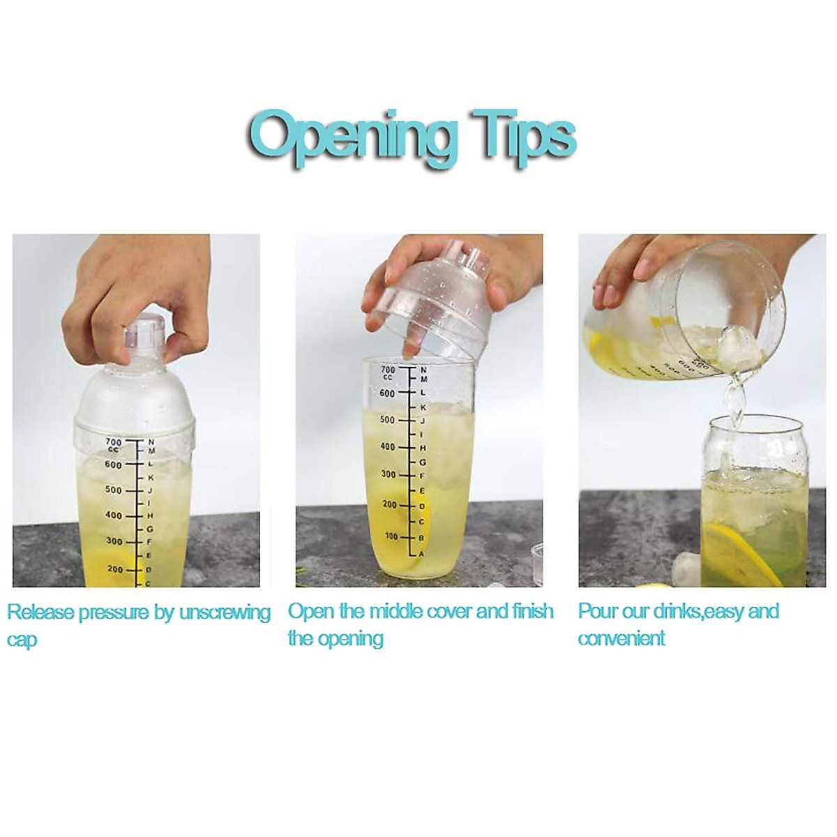 1PC 700CC/24oz Empty Professional Clear Plstic Resin Cocktail Shaker with Scale and Strainer Top Drink Wine Tea Mixer Shaker Cup Bottle for Bar Party Home Use