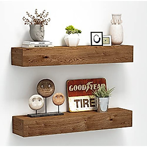 ROOREVO Wall Floating Shelves, Rustic Wood Wall Shelf Handmade (Light Walnut, 24 Inch - 2 Pack)