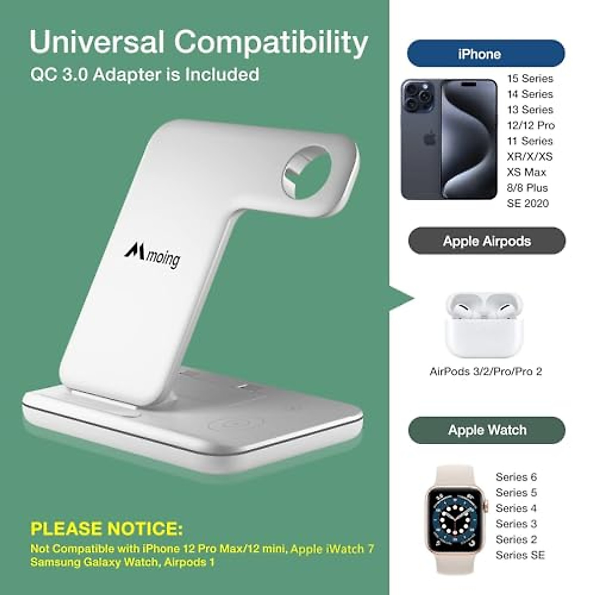 Charging Station for Apple Devices, Wireless Charger Compatible with iPhone 13/12/12 Pro/11/X/XS/XR/8Plus, Hollow Design Charger Stand Compatible for Apple Watch 6/5/4/3/2/SE, AirPods Pro/2