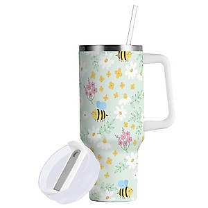 CIJEMAPW Cute Bees Among Flowers Insulated Tumblers Cartoon 30 oz Water Bottles Travel Mug with Handle and Straw Lid Leakproof School Work Outdoor for Women & Men
