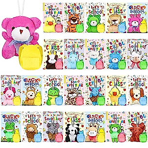 Fovths 24 Set Mini Back to School Jungle Stuffed Animals Bulk with Schoolbag Cards Keychain Animal Plush Toys Party Favors Classroom Gifts for Students