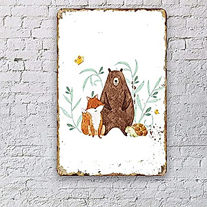 AXCISXK Tin Sign Bear Fox Print Animal Art Watercolour Woodland Illustration Nursery Decor Nursery Wall Art Kids Room Play Room Jungle Animal Vintage Metal Tin Sign Bar Pub Cafe 8x12inch