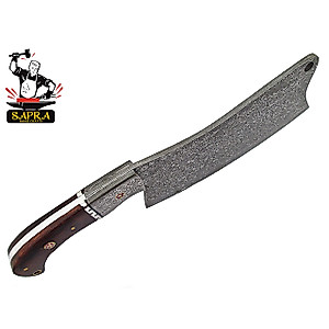 Sapra Damascus steel 10.75” Inches Meat Cleaver Chef Butcher Vegetable frozen Boning Cleaver Knife Heavy Duty Sharp Edge Full Tang Meat Cleaver Bone Copper with Genuine Leather Sheath
