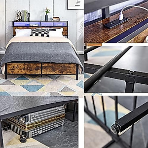 Industrial Modern Full Size Bed Frame with LED Lights and 2 USB Ports,with Wood Shaving Headboard and Platform Bed Frame,Bearing Capacity Up to 900 (Full, Rustic Brown)