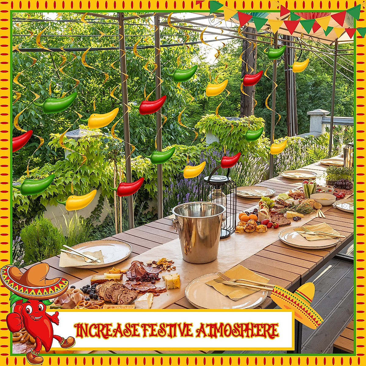 30 Pieces Chili Pepper Whirls Cinco de Mayo Pepper Decorations for Fiesta Party Mexico Spiral Hanging Party Streamers for Decor Mexican Party Accessories (Red, Yellow, Green)