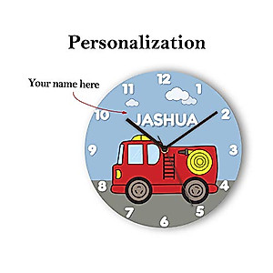 12 inch Personalized Fire Truck Kids Wall Clock, Kids Wall Clock with Name, Educational Clock, Silent Movement Non Ticking Quartz Wall Clocks, Kids Birthday Gift, Children Room Decor