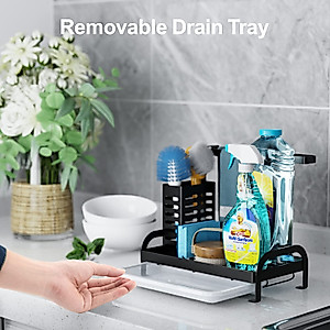 Kitchen Sink Caddy Sponge Holder - iSPECLE Sink Organizer with Brush Holder Drain Pan Tray, Dishrag Dishcloth Holder Storage Kitchen Accessories, Black