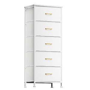 YILQQPER Tall Dresser with 5 Drawers, White Dresser for Bedroom, Tall Storage Tower for Closet, Nursery, Dorm, Dresser Organizer with Sturdy Steel Frame, Fabric Bins, Leather Finish, Wood Top, White