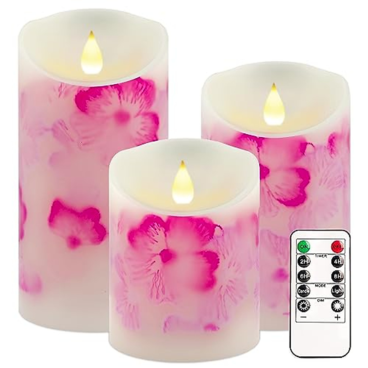 VEEKI Flameless Candles Lights, Set of 3 Cherry Blossoms Romantic LED Candles with Remote & Timer, Flickering LED Pillar Candles Battery Operated, Dimmable Electric Candles Gift for Mom Woman (Pink)