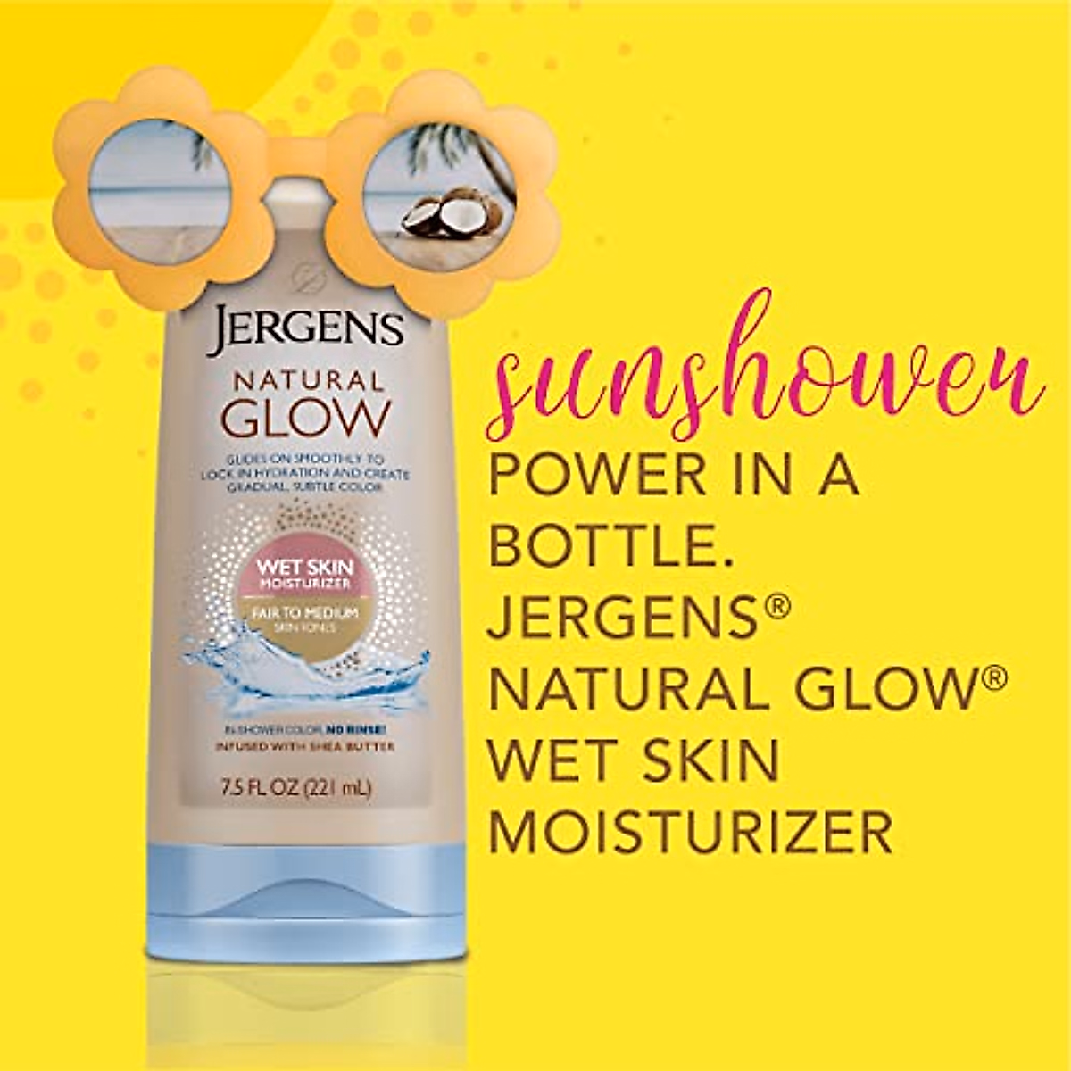 Jergens Natural Glow In-shower Lotion, for Fair to Medium Skin Tone, Wet Skin, Sunless Tanner Locks in Hydration for Gradual, Flawless Color, 7.5 Ounce