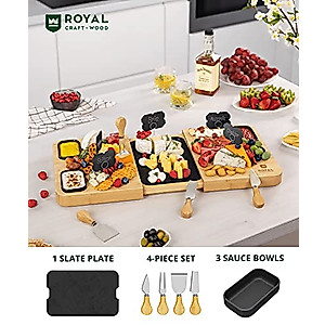 Extra Large Bamboo Charcuterie Boards - Large Charcuterie Board Set w/ 3 Sauce Bowls, 4 Knives & Slate Plate - Unique Cheese Board & Serving Tray with Charcuterie Accessories - Ideal Housewarming Gift