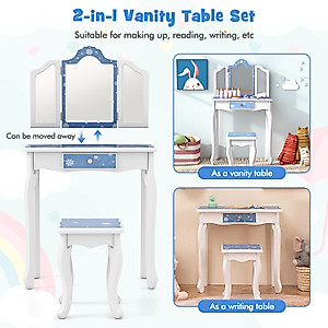 Olakids Kids Vanity Set, 2 in 1 Wooden Princess Makeup Table and Chair Set with Detachable Tri-Folding Mirror Storage Drawer, Snowflake Themed Girls Pretend Beauty Dressing Play Toy Gift (Blue)