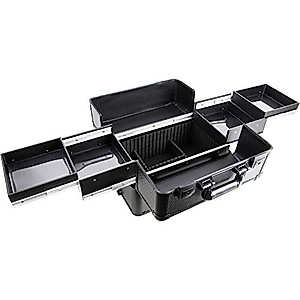 Ver Beauty 3-in-1 Professional 4 Removable Wheels Rolling Aluminum Art Craft Supplies Makeup Tattoo Artist Tool Case Organizer Easy-Slide Extendable Trays with Dividers Mirror, Black Dot