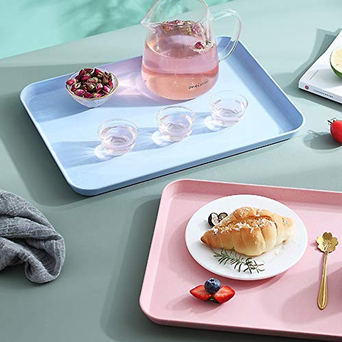 2Pcs Unbreakable Serving Tray Decorative Tray Wheat Straw, Great for Dinner Tray Tea Tray Bed Tray Bar Tray Breakfast Tray Food Tray (Pink)