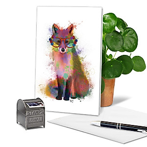 The Best Card Company - 1 Happy Birthday Card with Envelope - Adorable Colorful Animals, Fun Kids Notecard - Funky Rainbow Wildlife Fox C4948ABDG