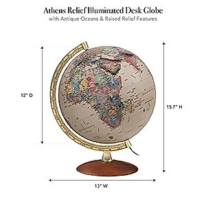 Waypoint Geographic Athens Relief Globe, 12" Illuminated Antique Ocean-Style World Globe with Raised Relief, Up-to-Date Reference Globe, Decorative Globe for Home and Office Decor