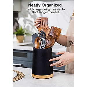 Nucookery 360° Rotating Utensils Holder, 8.2" Extra High Large Ceramic Kitchen Utensil Holder with Countertop-Protection Cork Bottom, Farmhouse Kitchen Decor for Counter (Stone Black)