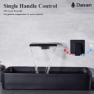 DASAN Wall Mount Waterfall Bathroom Faucet Matte Black in Wall Sink Faucet, Single Handle Wall Mounted Modern Faucet for Bathroom with Upgraded Rough in Valve