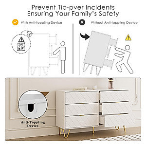 Masupu 6 Drawer Dresser, Modern Drawer Chest, Wide Storage Dresser Chest Cabinet Organizer Unit with Metal Legs, Chest of Drawers for Bedroom, Living Room, Closet, Entryway, White Large