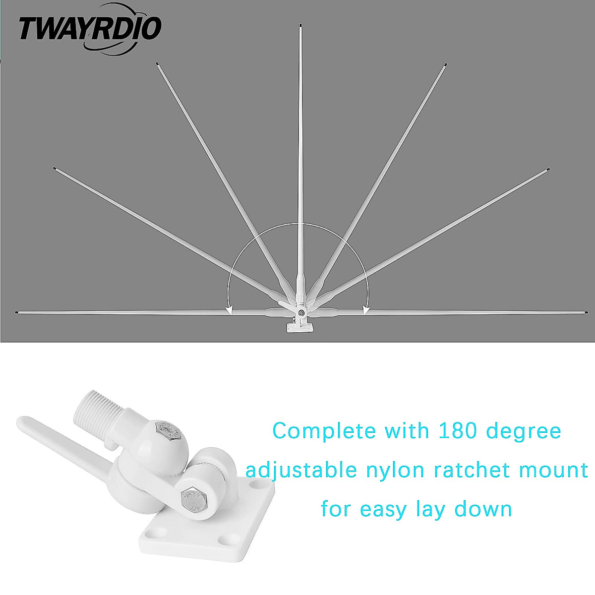 TWAYRDIO 43-Inch VHF Marine Antenna, Heavy Duty White Fiberglass Boat Antenna 3dBi Gain W/22.9ft Low Loss RG58 Coaxial Cable Built-in PL259 Connector and Nylon Ratchet Mount for Midland Uniden Radios