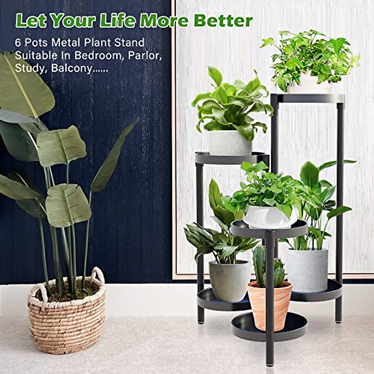 YisanCrafts Plant Stand Metal Indoor Outdoor - 6 Tier Tall Corner Plant Shelf, Vertical Flower Pot Holder Stands for Plants Multiple, Foldable Planter Rack Shelves for Patio, Balcony, Garden, Black