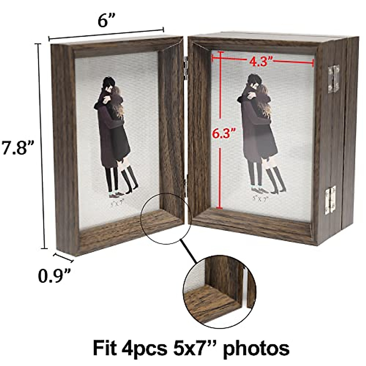 5x7 Hinged Picture Frames Beveled Wood Brown with Real Glass 4 Vertical Opening Family Lover Gift