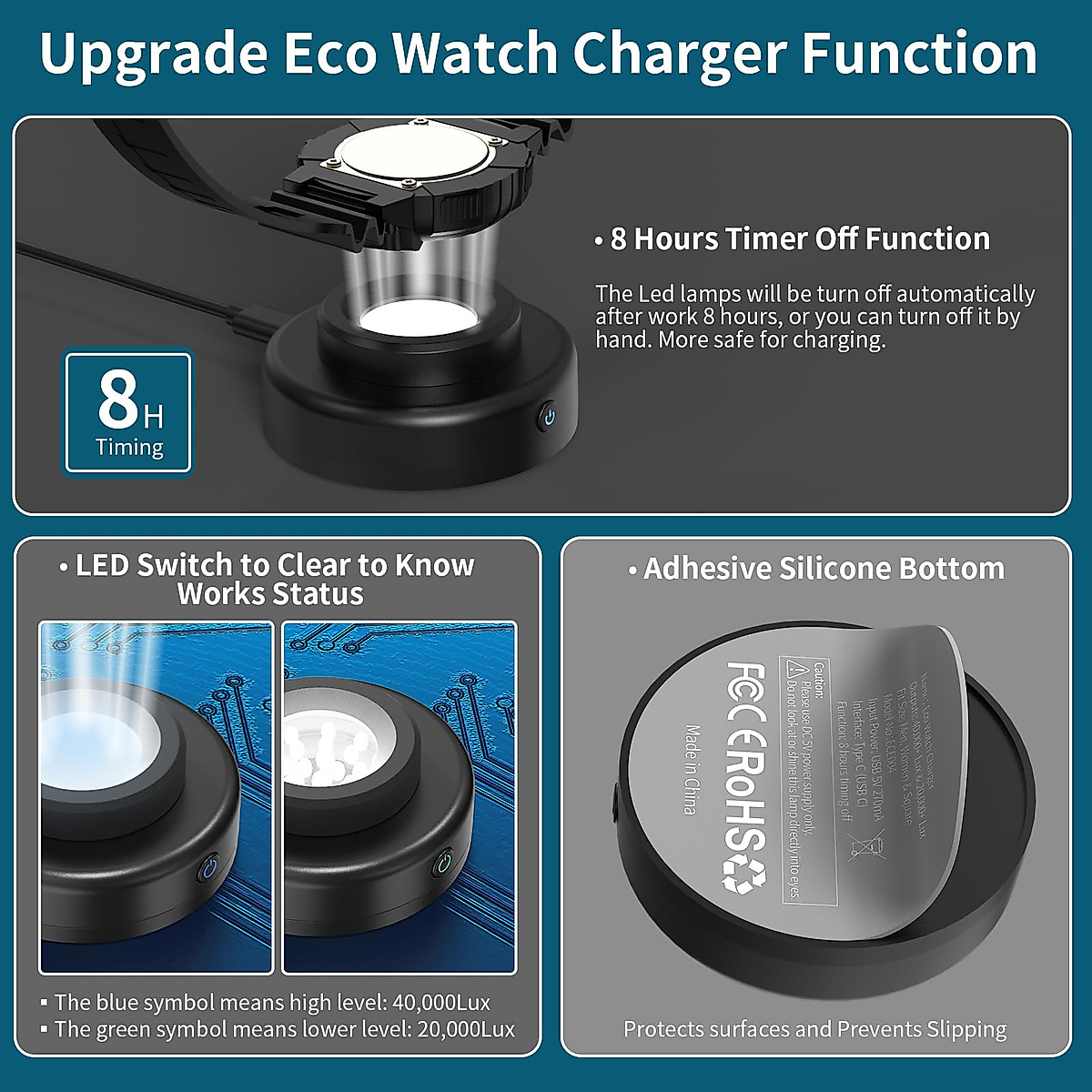 ECEEN Solar Watch Charger, 8 Hours Timing Off with Men, Women & Square 3 Caps, LED UV Light Charge Eco Driver Watches Compatible Casio/Tough/Protrek/Seiko/Citizen/Garmin/Timex/Bering/FANMIS (Black)