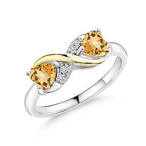 Gem Stone King 925 Sterling Silver and 10K Yellow Gold Yellow Citrine and White Lab Grown Diamond Ring For Women (0.96 Cttw, Heart Shape 5MM, Gemstone Birthstone, Available in size 5, 6, 7, 8, 9)