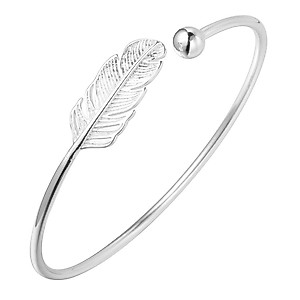 AILUOR 925 Silver Leaf Feather Bangle Bracelet Bohemian style Fashion Charms Bracelets Jewelry Cuff Women Adjustable (Silver)