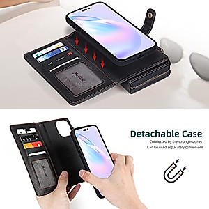 Misscase Compatible with iPhone 14 Pro Max Wallet Case,Detachable Magnetic Wallet Case with Card Holder,RFID Blocking,Zipper Wallet,Crossbody Strap,Card Slots for iPhone 14 Pro Max Black