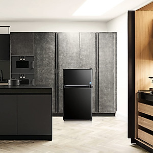 DSF Mini Fridge with Freezer, 3.2 Cu.Ft Mini Refrigerator, 2 Door, 37DB Low Noise, Engery Saving with LED Light, Low-frost Mini Fridge for Bedroom, Office, Dorm, RV, Apartment, Black- MPBFD321