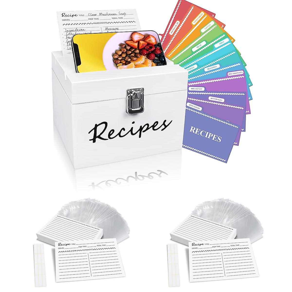 Fortuning's JDS Recipe Box with Cards and Dividers, Pinewood Recipe Organizer with 100 Double Sided 4x6 Recipe Cards, 100 Card Sheet Protectors, 12 Dividers and 2 Label Stickers