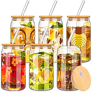Yoiemivy 6 Pack Glass Cups with Lids and Straws, Iced Coffee Tumbler with Straw Boho Pattern Drinking Glasses16 Oz Beer Can-Shaped Glass for Iced Coffee Cola Soda Tea Juice Water