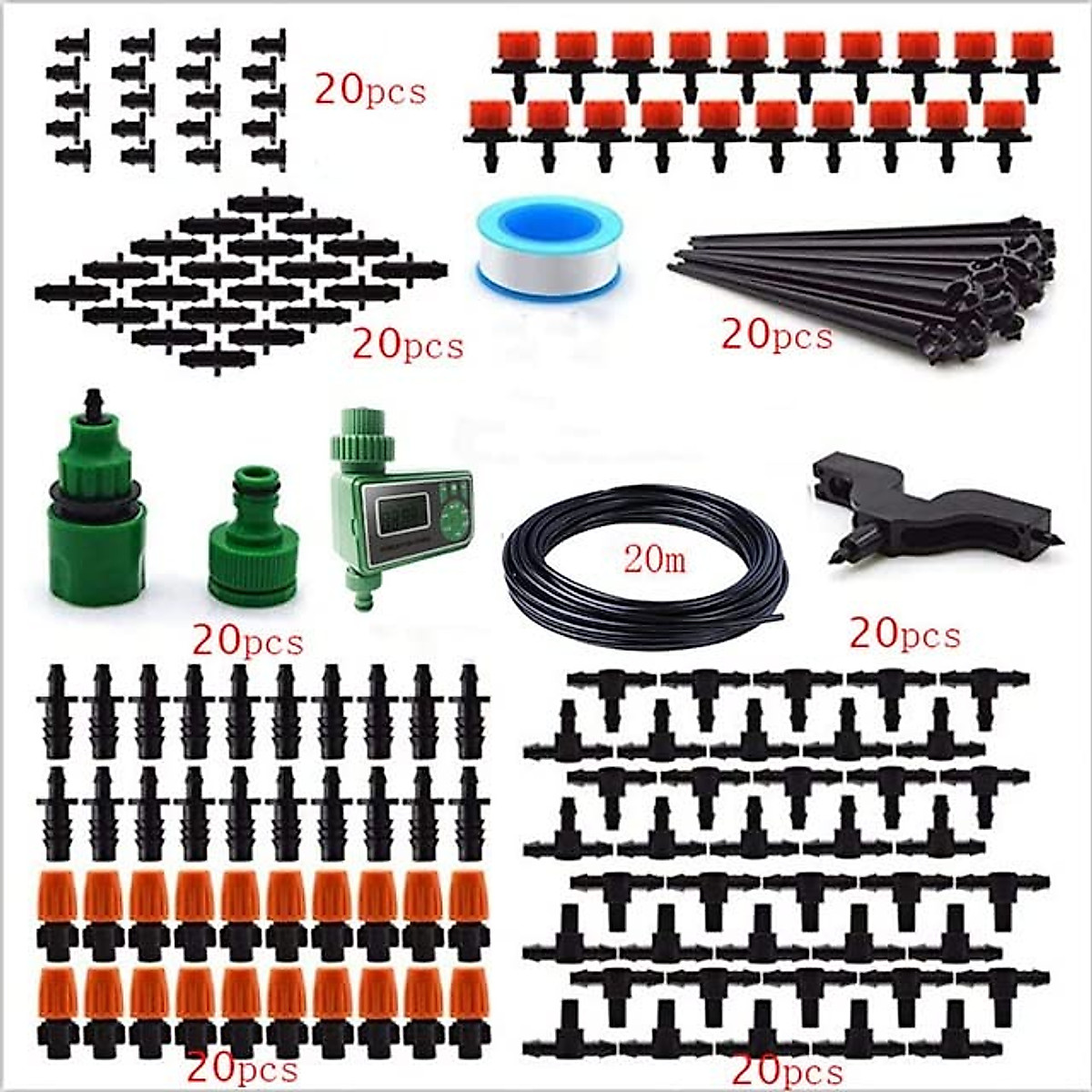 KJHD DIY Garden Irrigation System Automatic Water Timer Garden Hose Micro Watering Drip Kit with Adjustable Drippers (Color : A, Size : 20M Pipe)