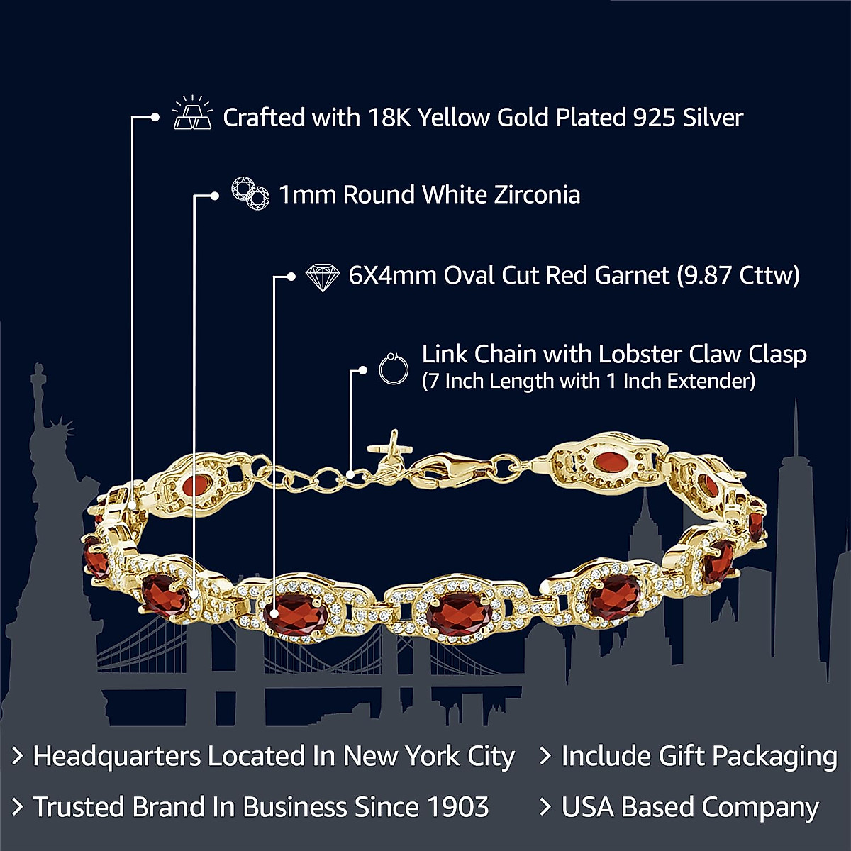Gem Stone King 18K Yellow Gold Plated Silver Red Garnet Tennis Bracelet For Women (9.87 Cttw, Gemstone Birthstone, Oval 6X4MM, 7 Inch With 1 Inch Extender)