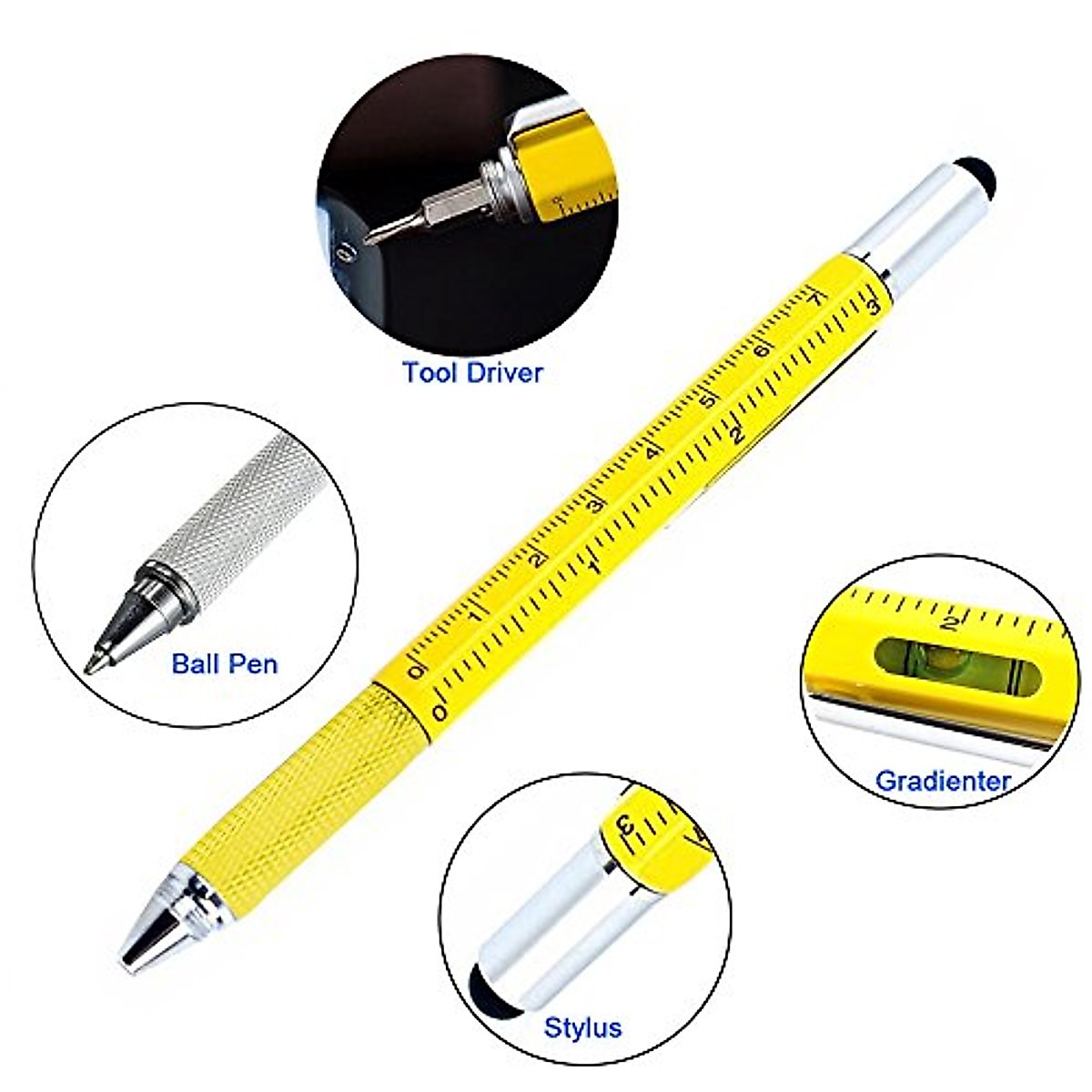 Multi-word 6 in 1 Multi Function Tool Ballpoint Pen with Ballpoint, Ruler, Screwdriver, A Flat Head, Touch-Screen Pen, Levelgauge (2PCS Yellow)