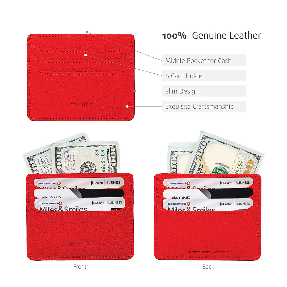 grande 3633 Genuine Leather Card Holder For Women and Men Super Slim Minimalist Small Snap Wallet (Red)
