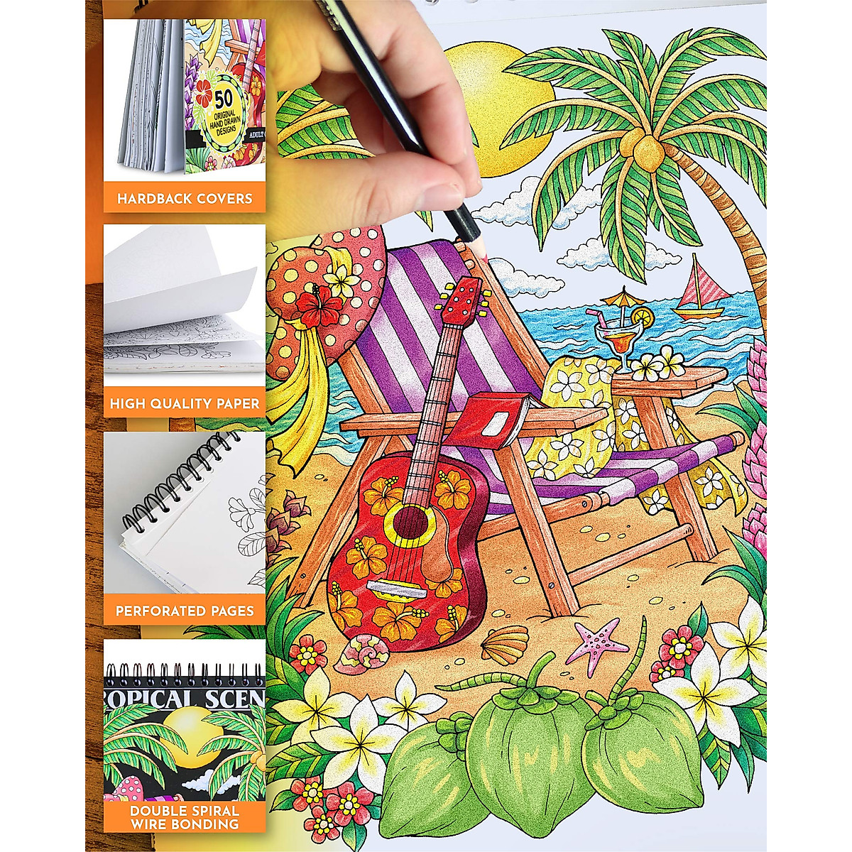 ColorIt Colorful Tropical Scenes Adult Coloring Book - 50 Single-Sided Designs, Thick Smooth Paper, Lay Flat Hardback Covers, Spiral Bound, USA Printed, Tropical Pages to Color