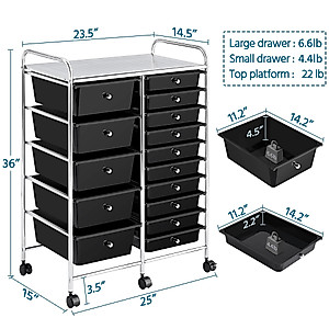 Yaheetech 15 Drawers Rolling Storage Cart Multipurpose Mobile Rolling Utility Storage Organizer Cart Tools Scrapbook Paper Organizer on Wheels, Black