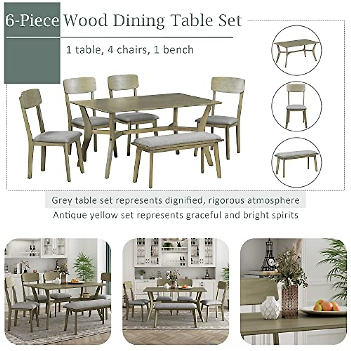 Merax 6-Piece Mid-Century Style Wooden Dining Table Set with 4 Chairs and Padded Bench, Antique Yellow+Gray