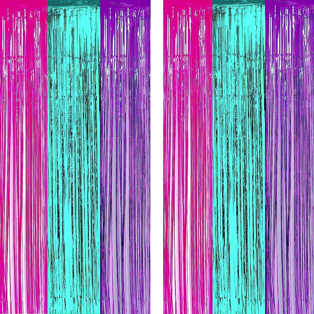 Teal Purple Pink Tinsel Foil Fringe Curtains - Under The Sea Birthday Baby Shower Photo Backdrops Wedding Summer Beach Pool Ocean Party Decor Photo Booth Backdrops Decorations, 3.2 ft x 9.8 ft, 2PC